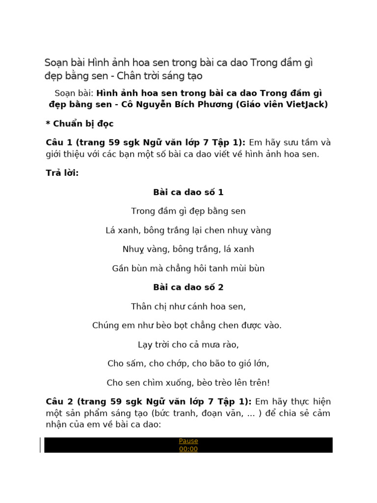 Soạn bài Hình ảnh hoa sen trong bài ca dao Trong đầm gì đẹp bằng sen | PDF