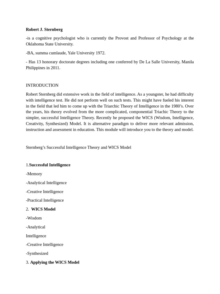 Sternberg's Successful Intelligence Theory and WICS Model Fact Sheet | PDF | Creativity ...
