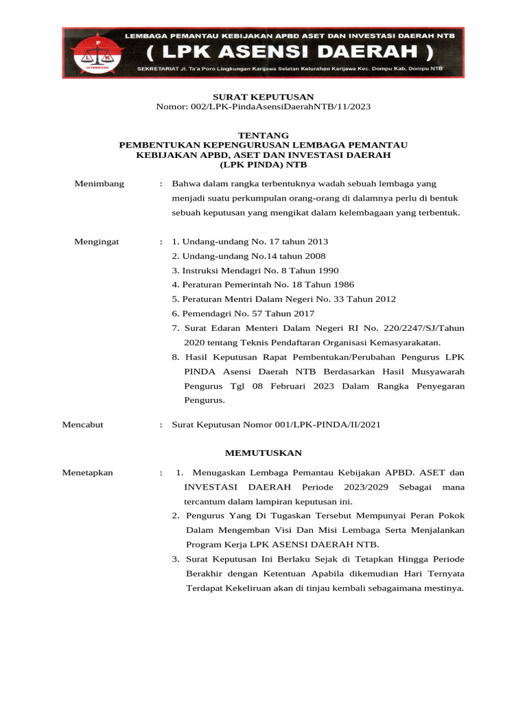 Surat Keputusan (SK) LPK Pinda NTB | PDF