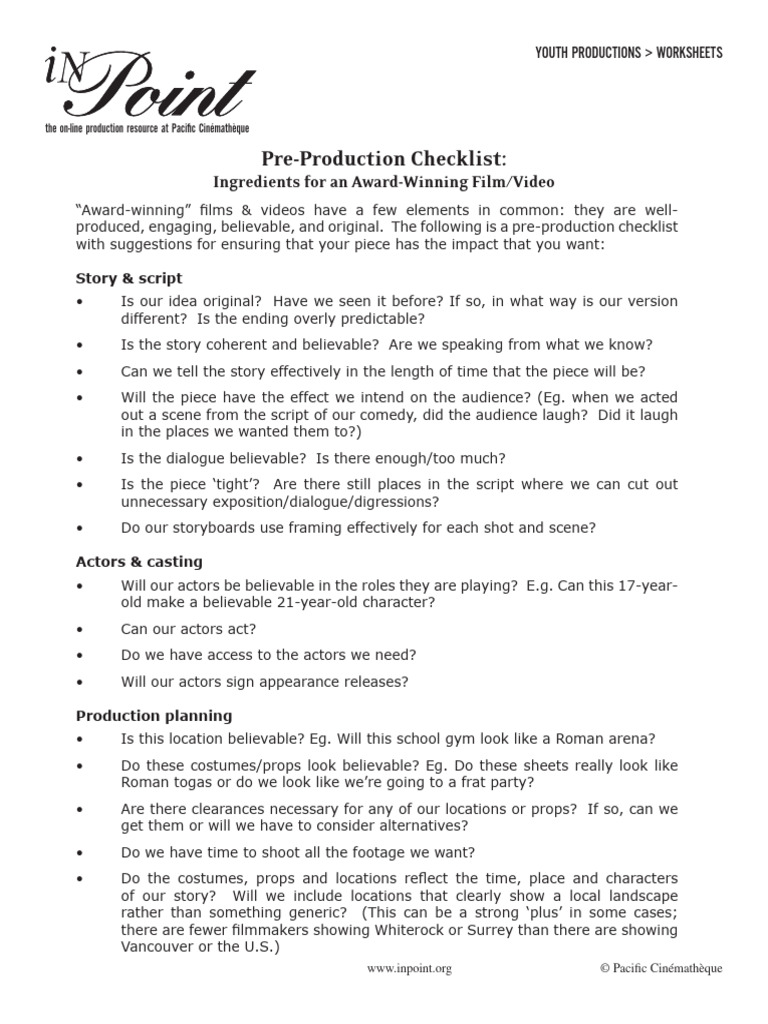 Simple Pre Production Checklist Example | PDF