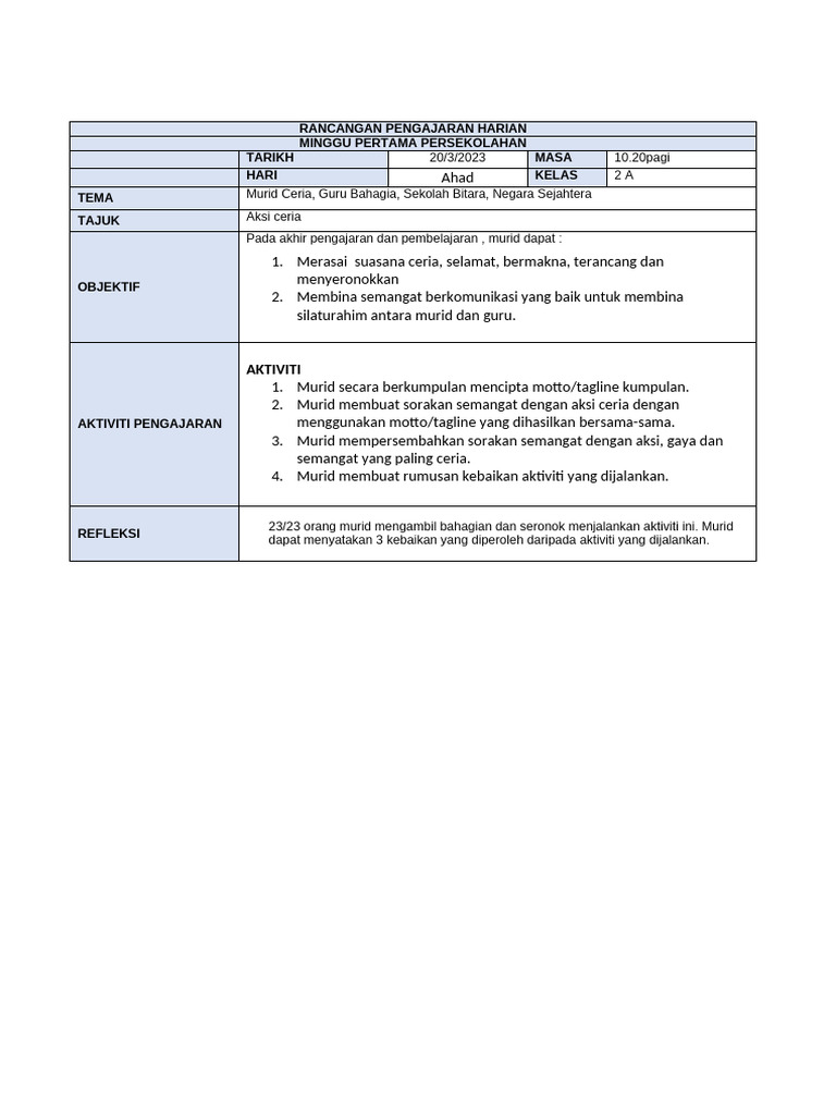 RPH Minggu Pertama Persekolahan | PDF