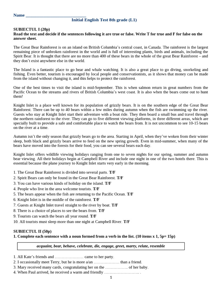 Initial English Test 8th Grade (L1) | PDF