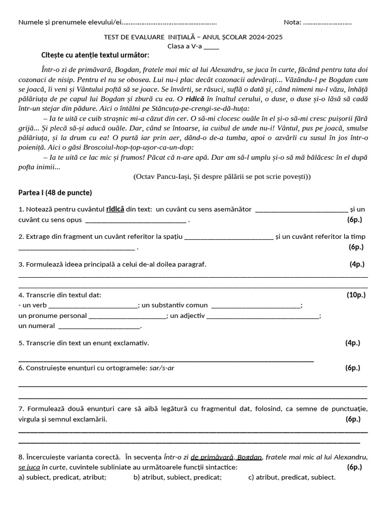 Test Inițial - Cls. 5 2024-2025 | PDF