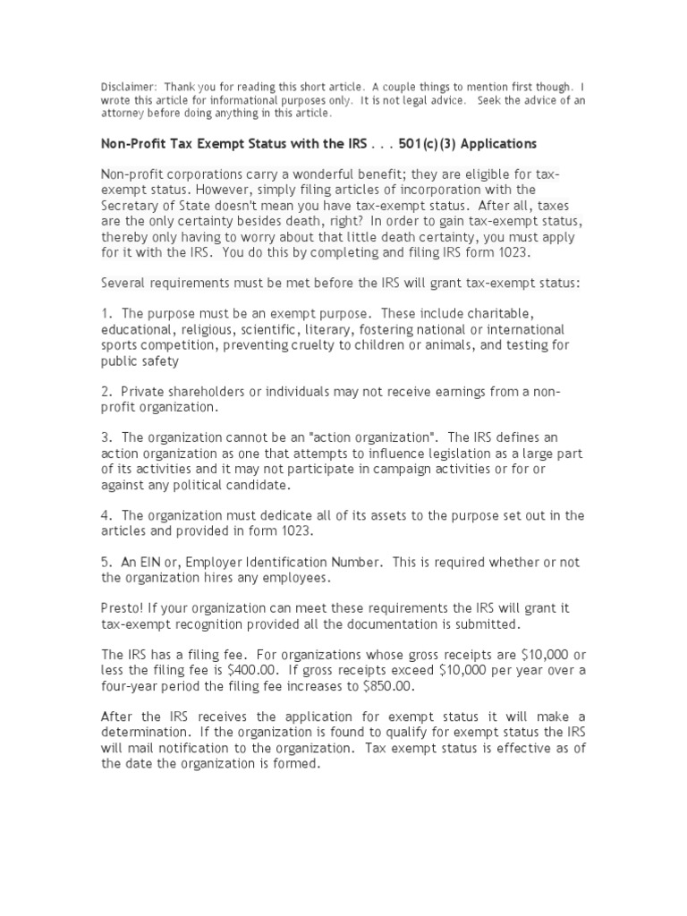 Non-Profit IRS Tax Exempt Status Guide | PDF