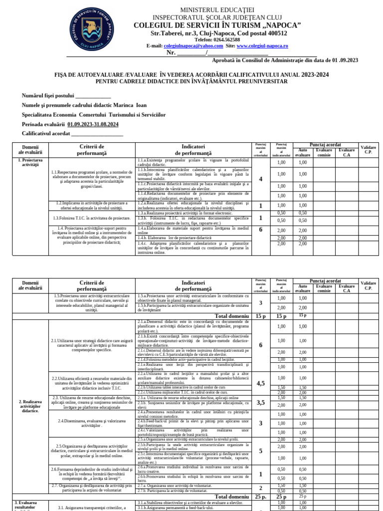 FISA de EVALUARE Cadre Didactice 2023-2024 | PDF