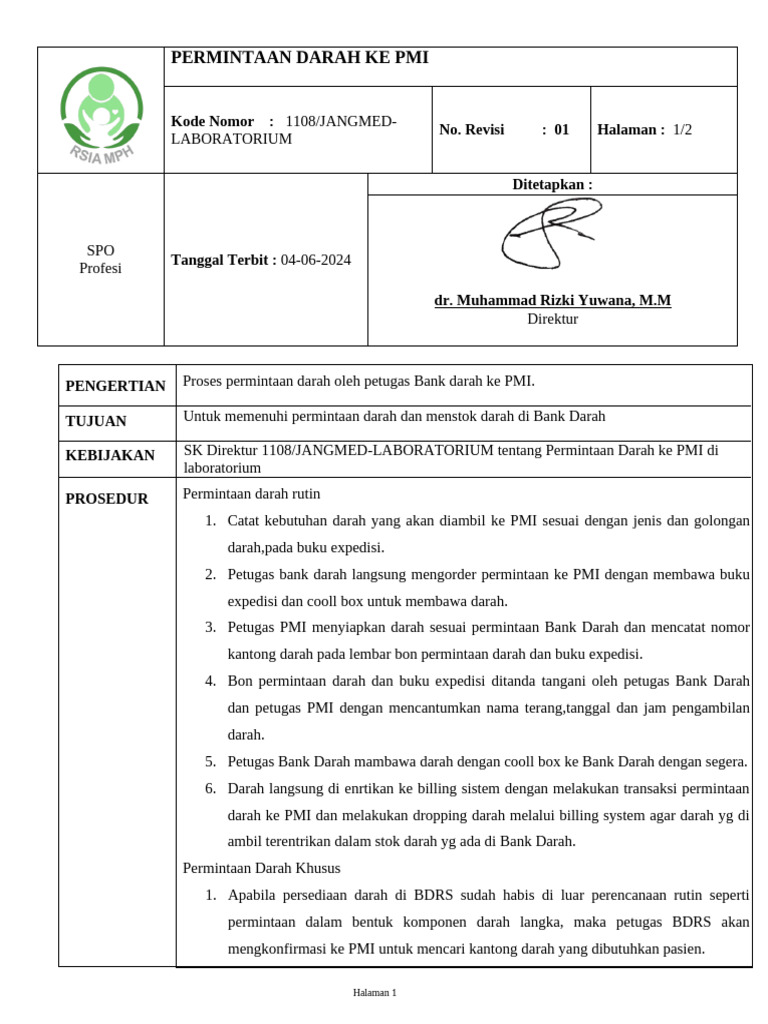 SPO Permintaan Darah Ke Pmi | PDF