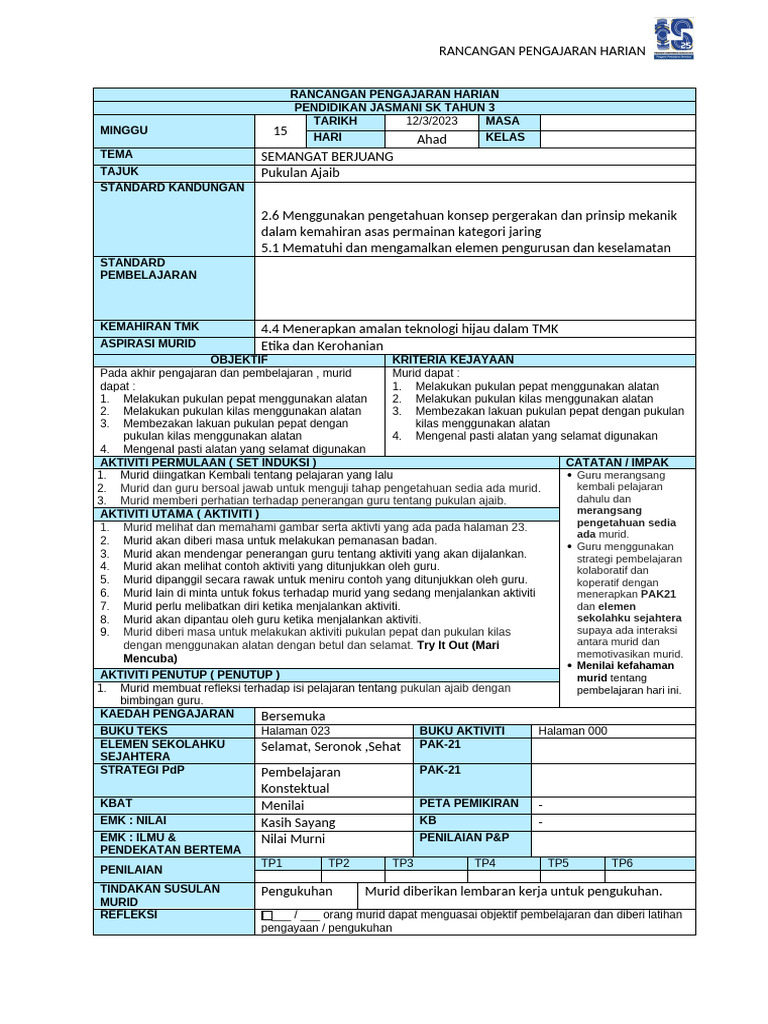 RPH Minggu 15 Pendidikan Jasmani THN 3 2023 by Cikgu Gorgeous | PDF