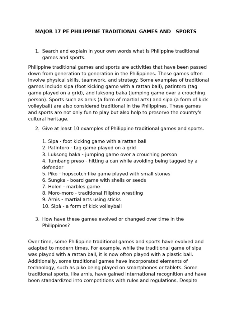 Major 17 Pe Philippine Traditional Games and Sports | PDF