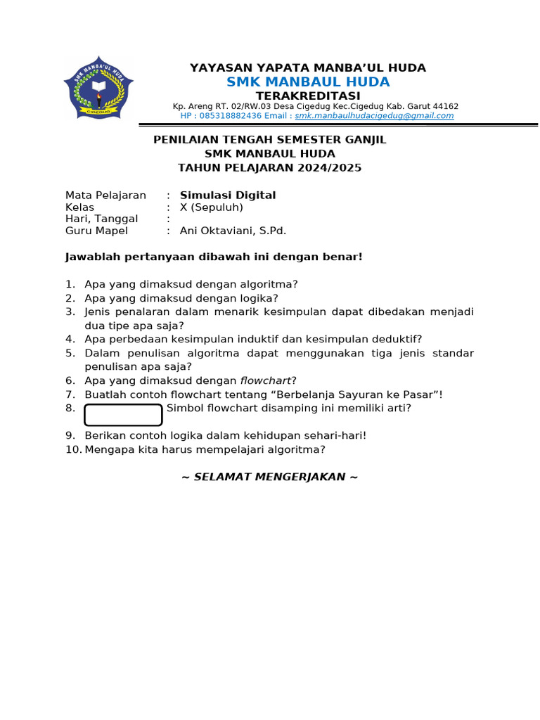 Soal PTS Ganjil Simdig X | PDF