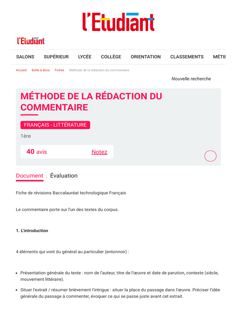 Méthode de La Rédaction Du Commentaire - Cours - Fiches de Révision | PDF