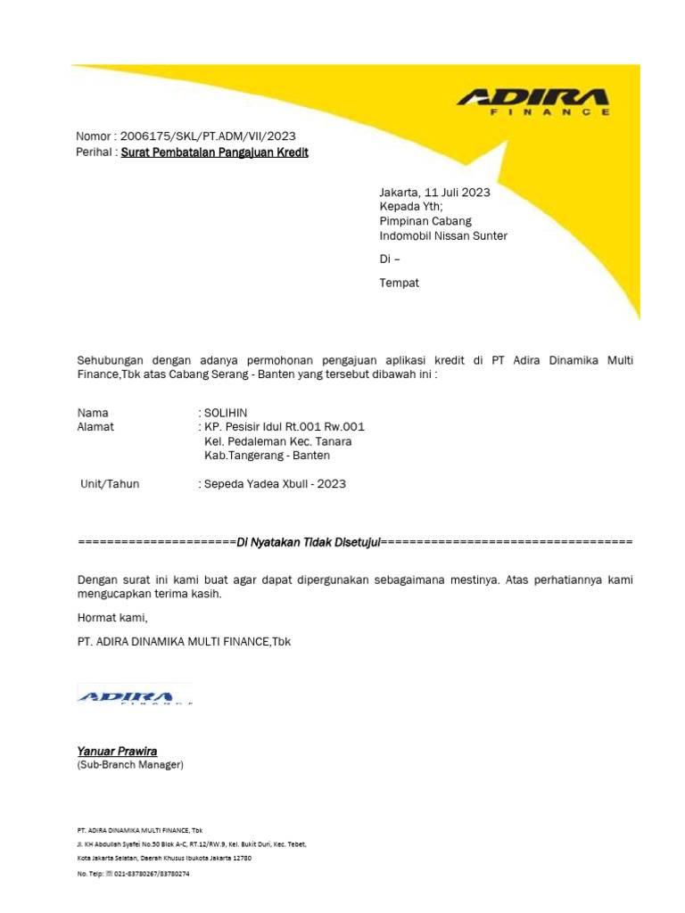Surat Tolak Leasing Adira - Solihin | PDF