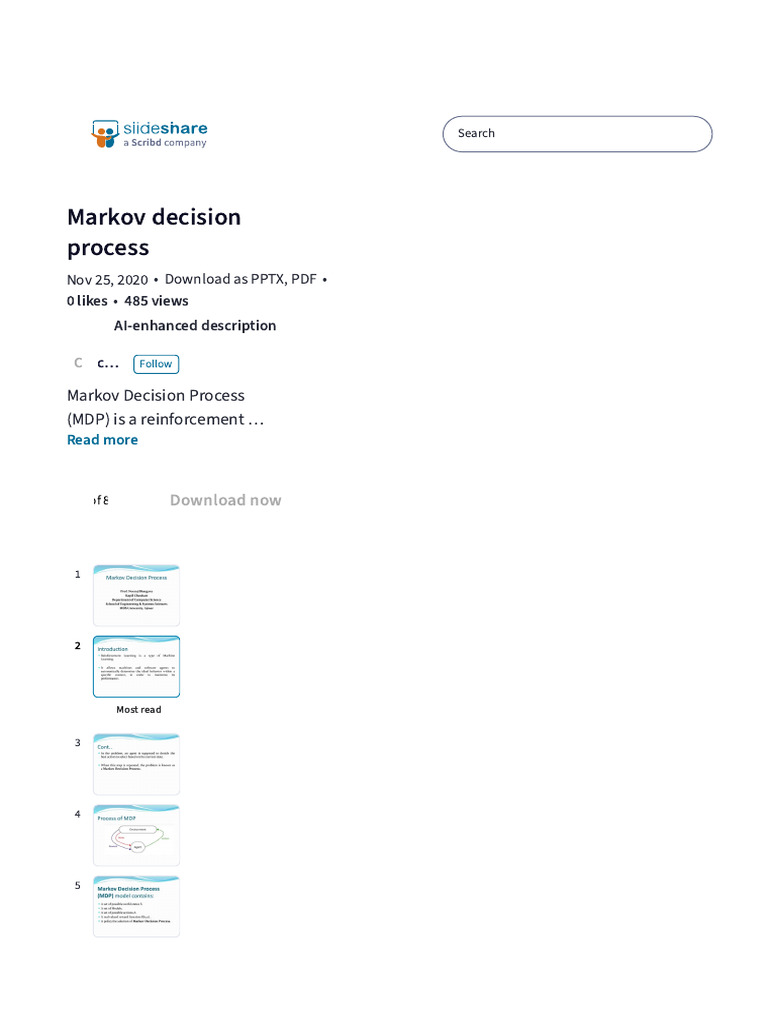 Markov Decision Process | PDF | Artificial Intelligence | Intelligence (AI) & Semantics