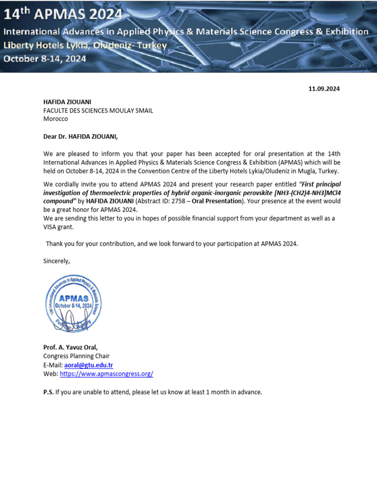 APMAS 2024 First Principal Investigation of Thermoelectric Properties of Hybrid Organic ...