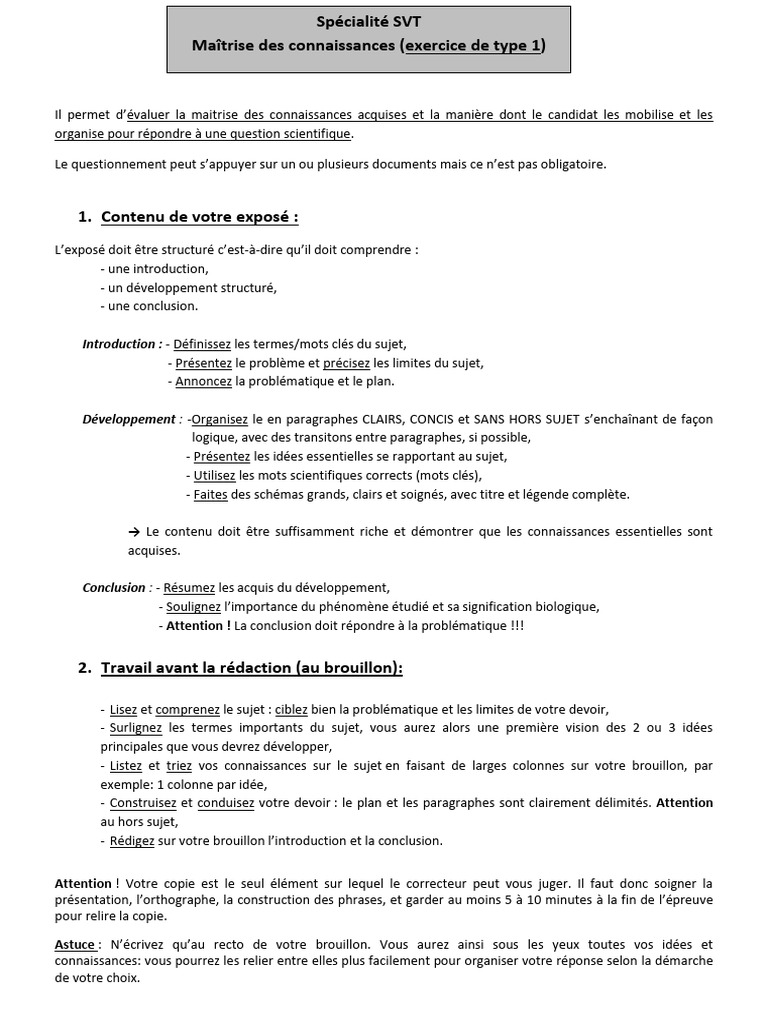 Exposé structuré pour le bac SVT | PDF