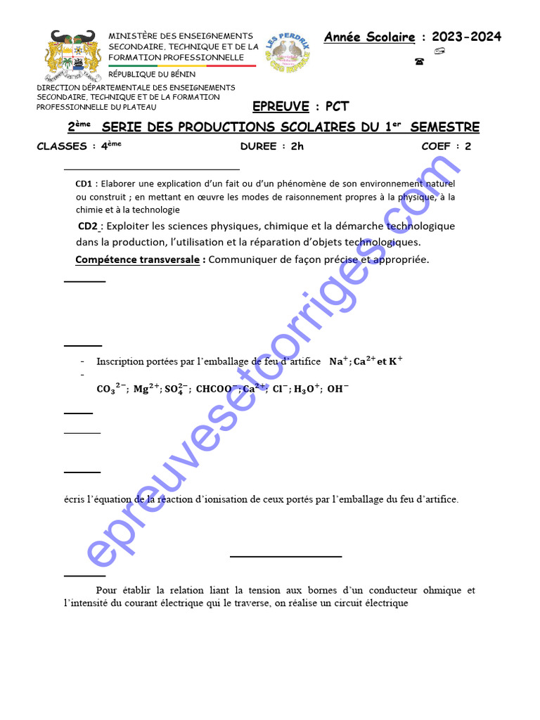 PCT 4eme 2eme Devoir Du 1er Semestre 2023-2024 Ceg1 Ikpinle | PDF