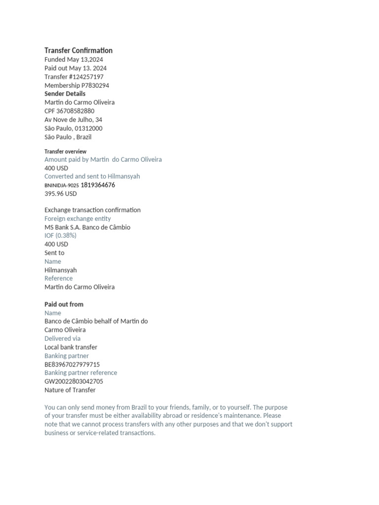 Transfer Confirmation | PDF