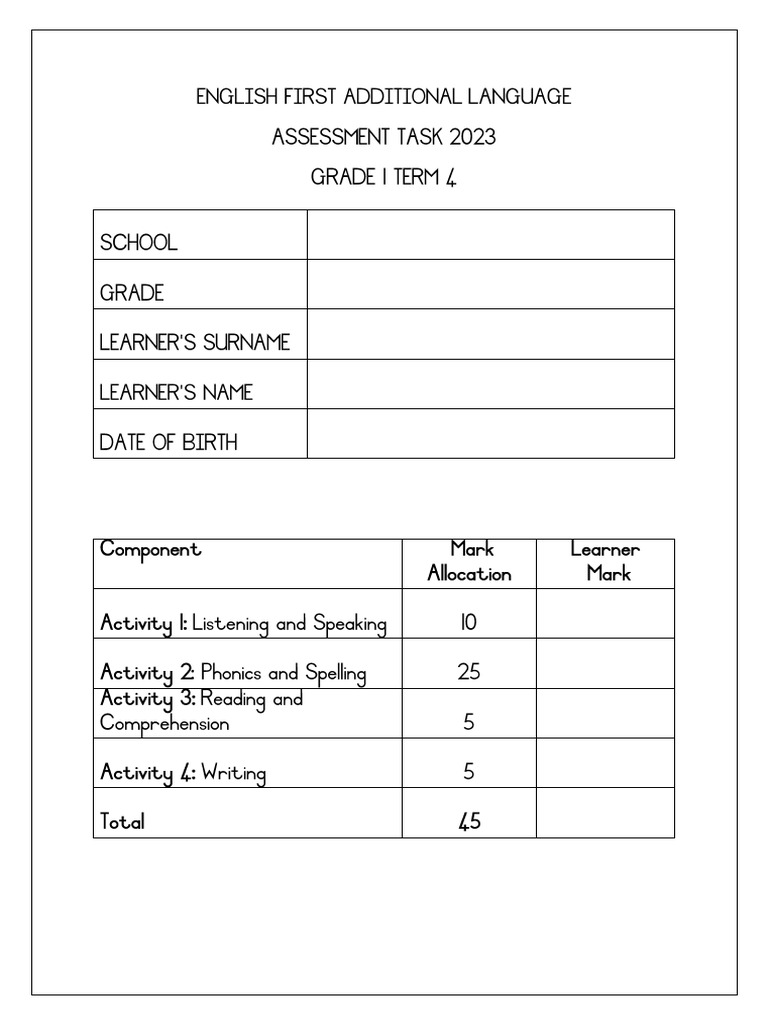Efal Grade 1 T4 Assessment Task 2023 | PDF