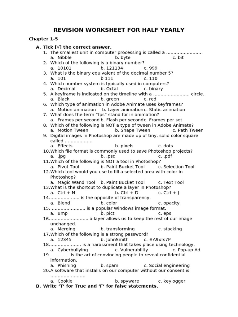 Revision Worksheet Class 7 | PDF