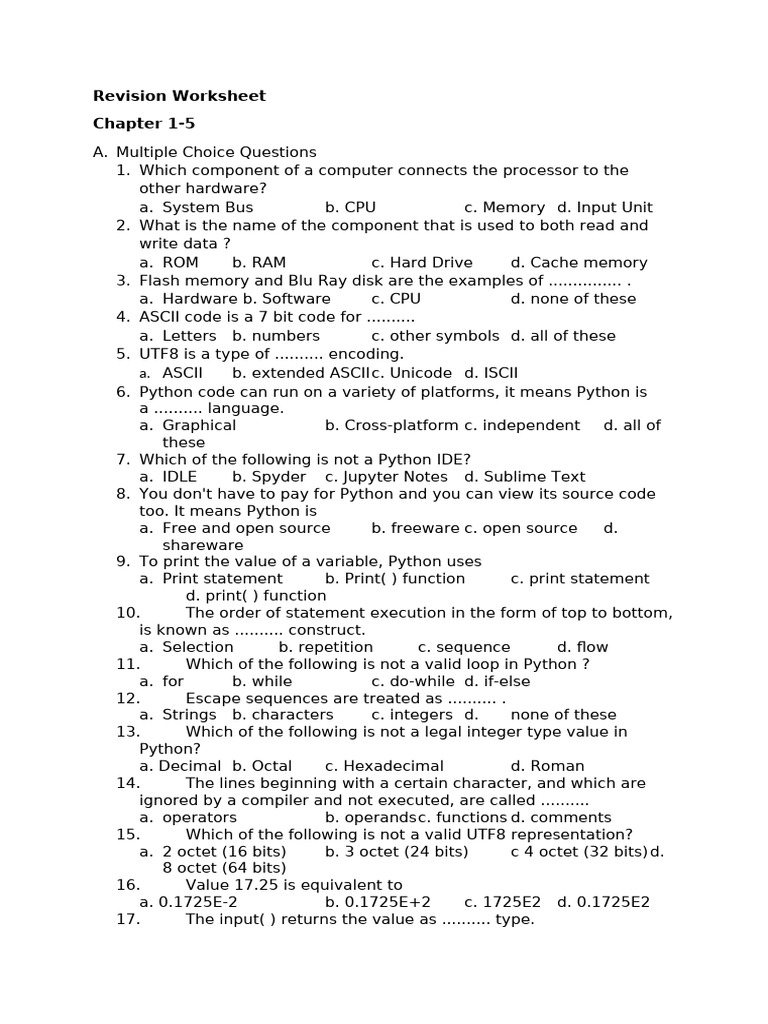 Revision Worksheet Class 11 | PDF
