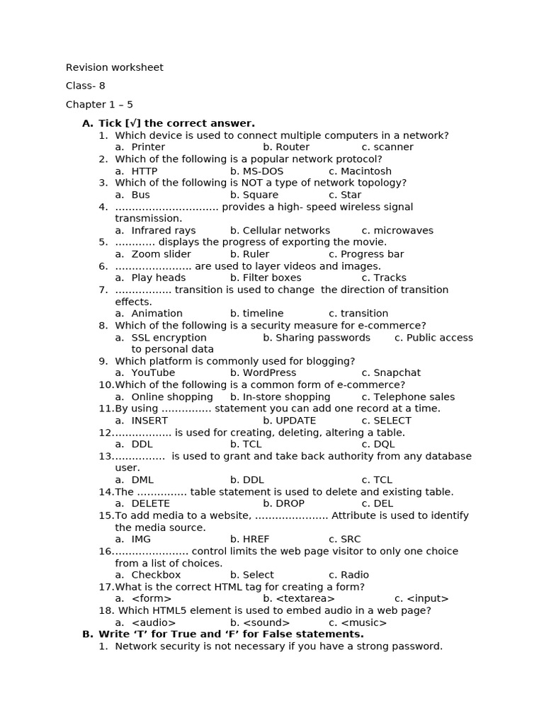 Revision Worksheet Class 8 | PDF