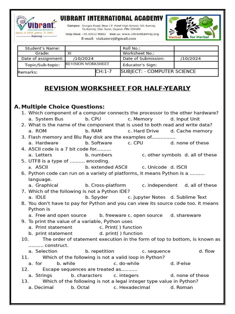 GRADE-11-REVISION_WORKSHEET-HALF-YEARLY-COMPUTER SCIENCE | PDF