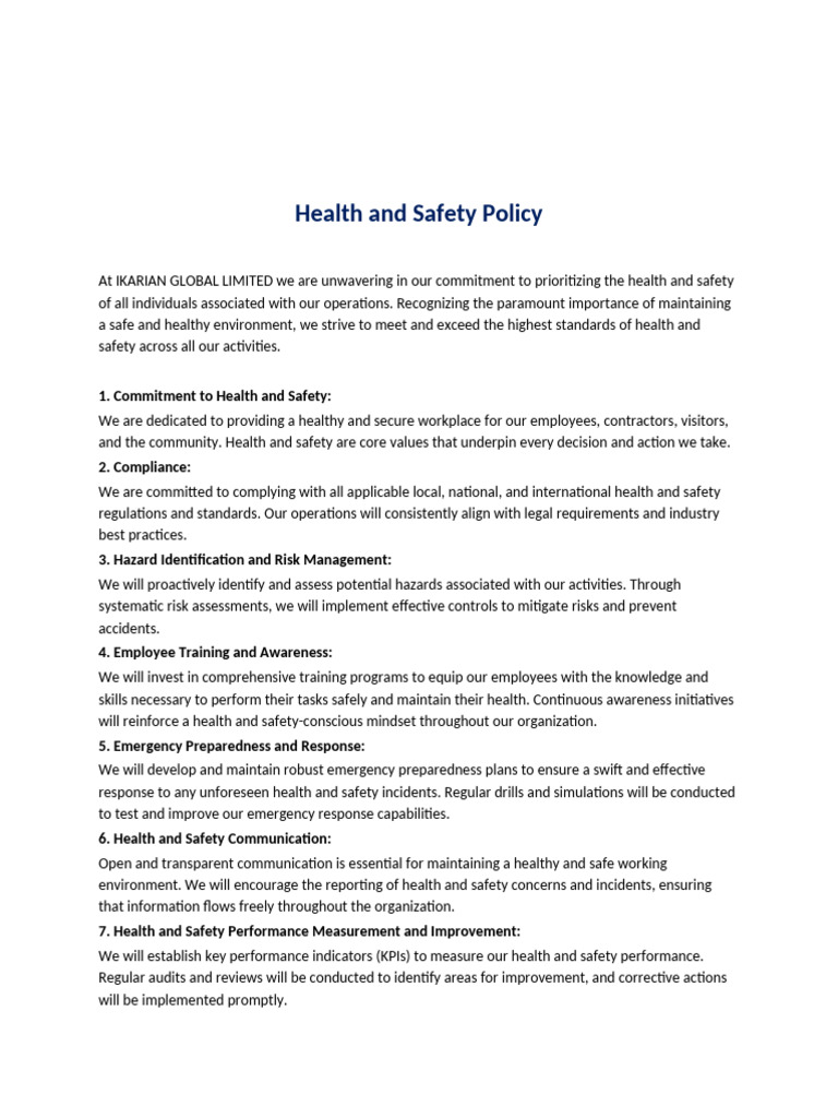 Safety Policy Statement | PDF | Occupational Safety And Health | Safety