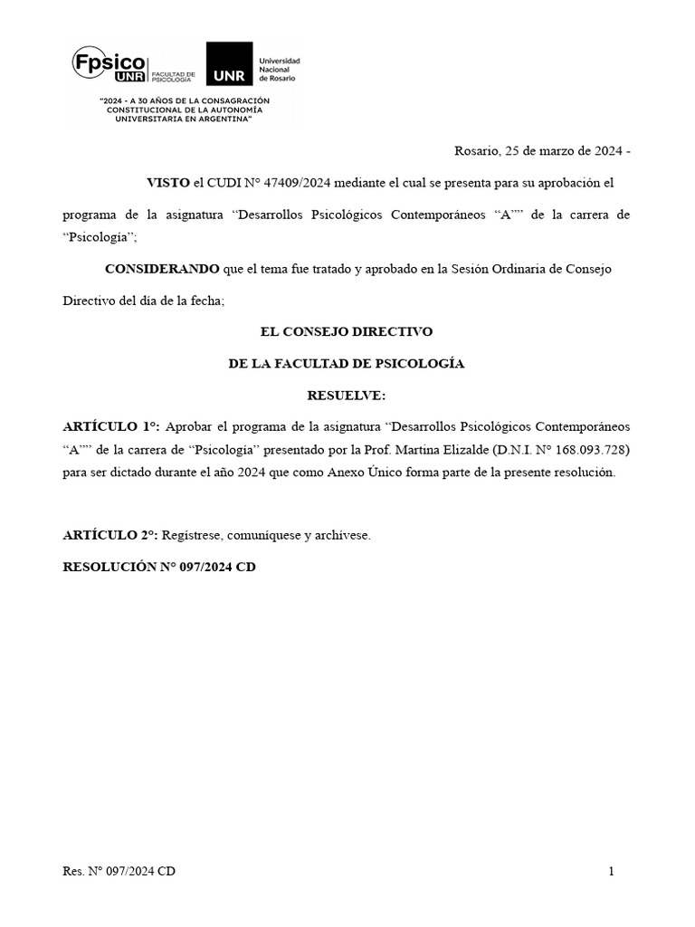 Desarrollos Psicológicos Contemporáneos A (Resol. 097-24CD) | PDF