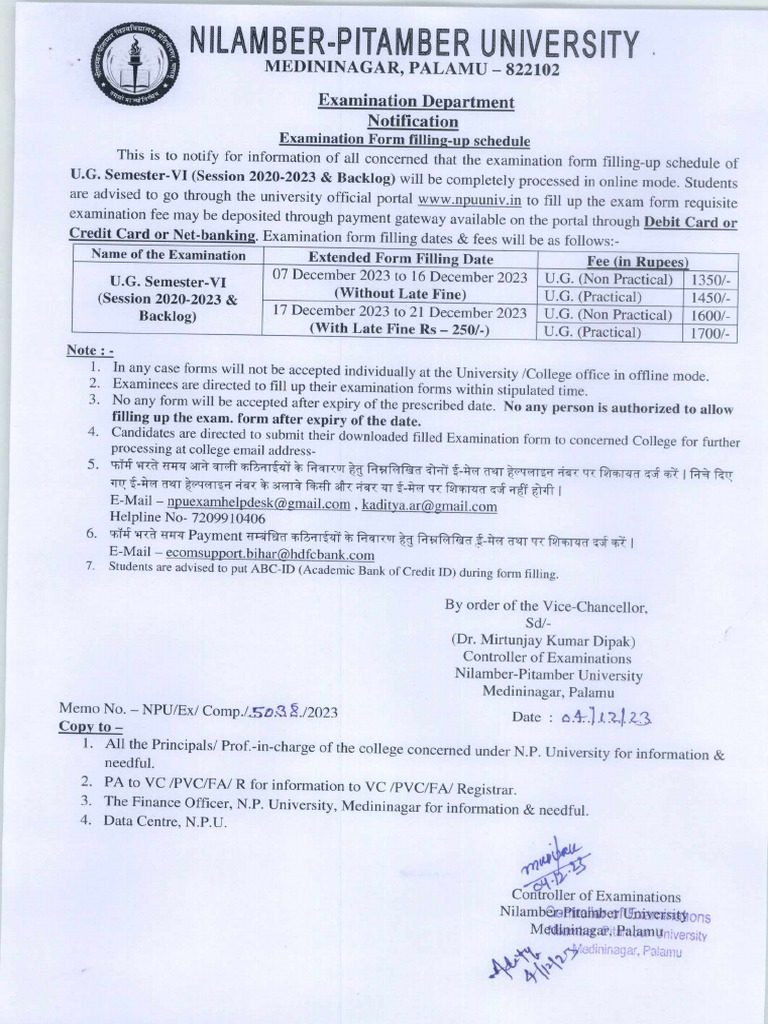 UG Semester VI Session 2020-2023 Examination Form Filling Up Schedule | PDF