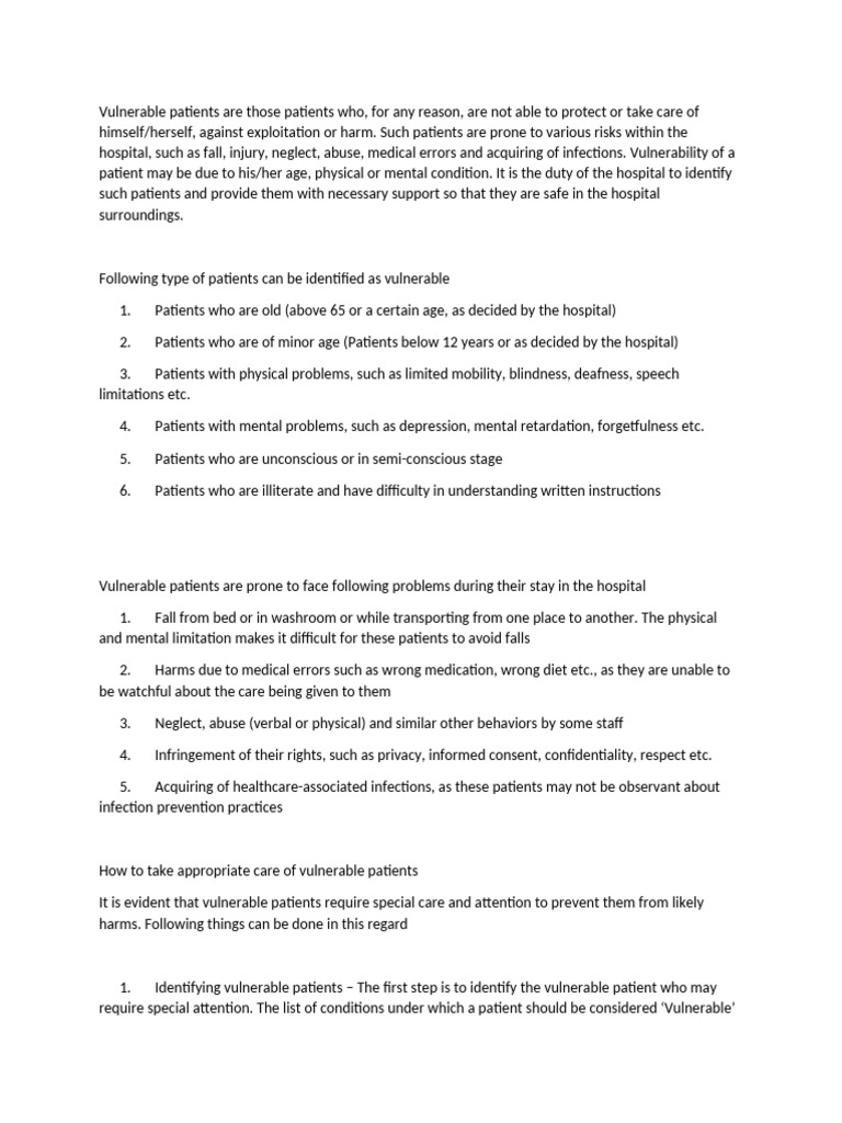 Care Guidelines for Vulnerable Patients | PDF | Patient | Self-Improvement
