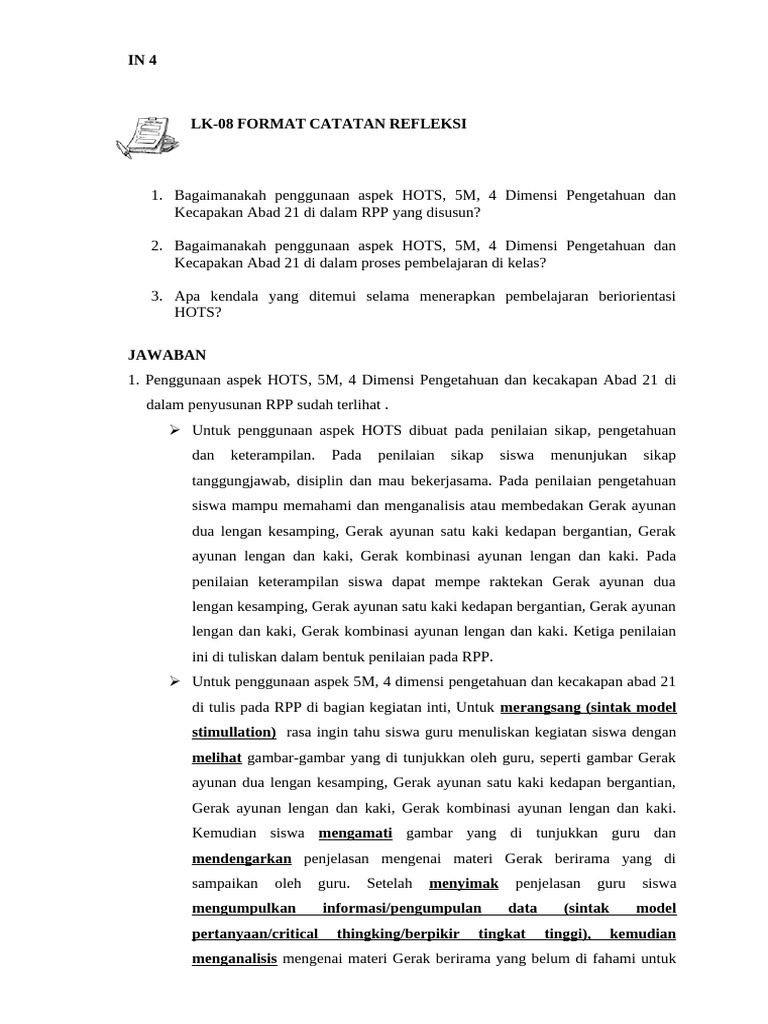LK.8 Catatan Refleksi Praktik Pembelajaran Unit Ke-1 | PDF