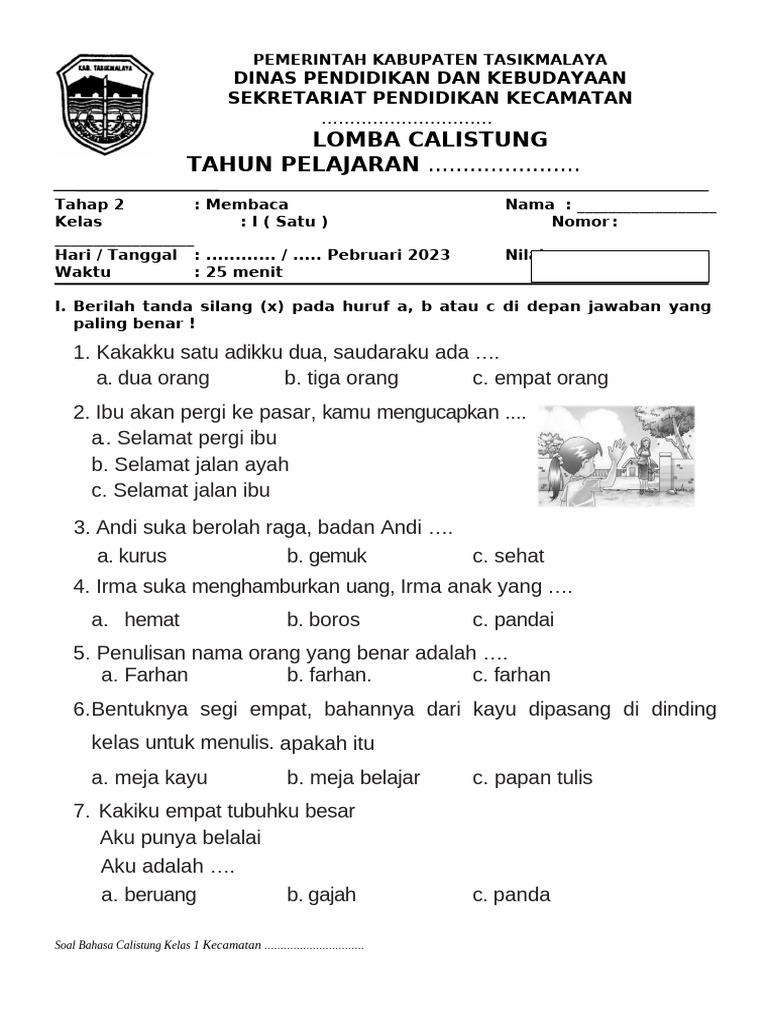 Soal Calistung Tahap 2 Kelas 1 | PDF