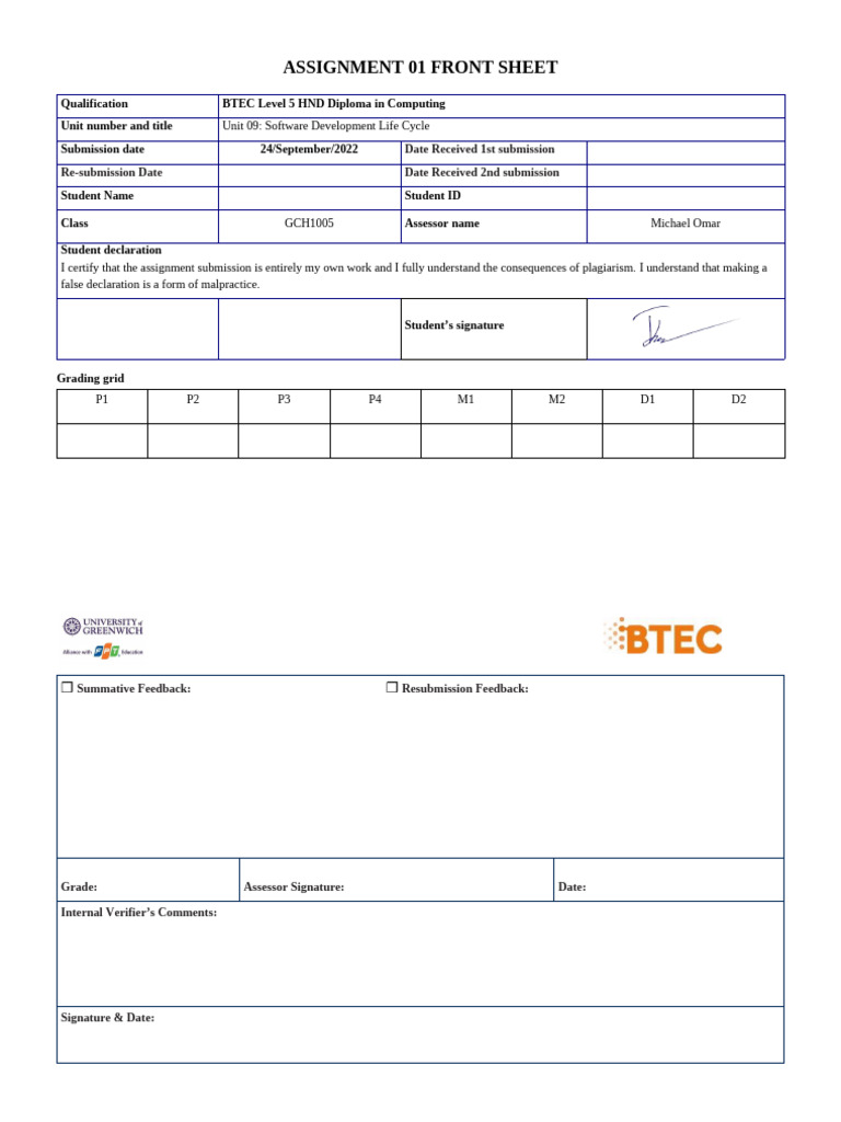 1 - Unit 09. Assignment 01 Frontsheet | PDF | Software Development Process | Systems Engineering