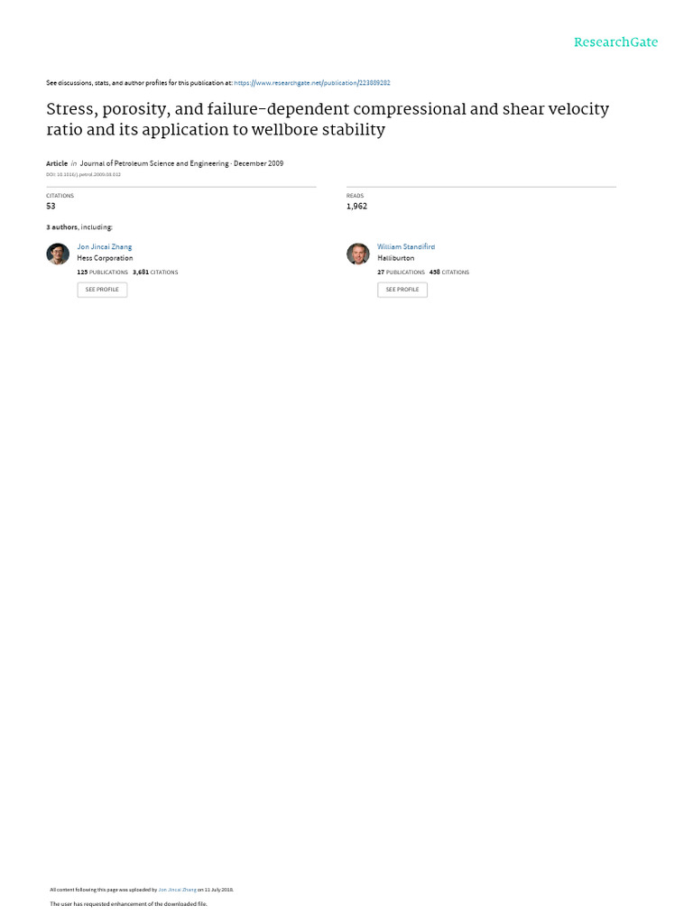 J Petrol Sci Eng Stress Porosity VpVs WBS Zhang 2009 | PDF | Fracture | Strength Of Materials