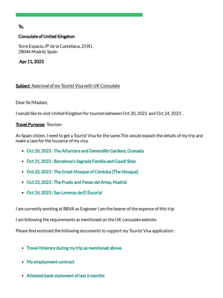 Cover Letter For UK Tourist Visa | PDF