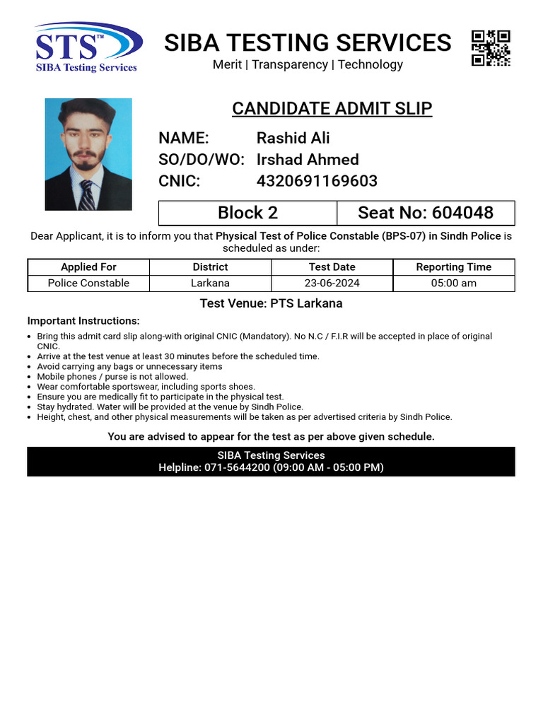 Siba Testing Services: Candidate Admit Slip | PDF