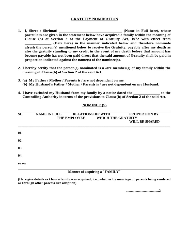 Employee Gratuity Nomination Format | PDF