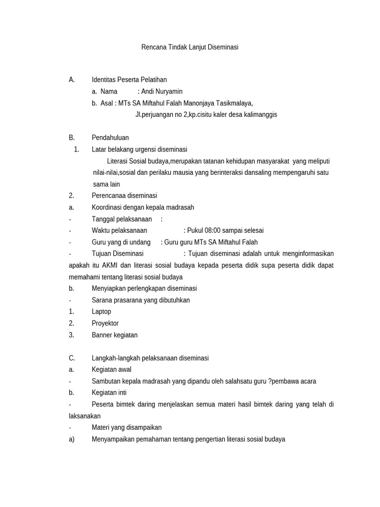 Rencana Tindak Lanjut Diseminasi AKMI | PDF