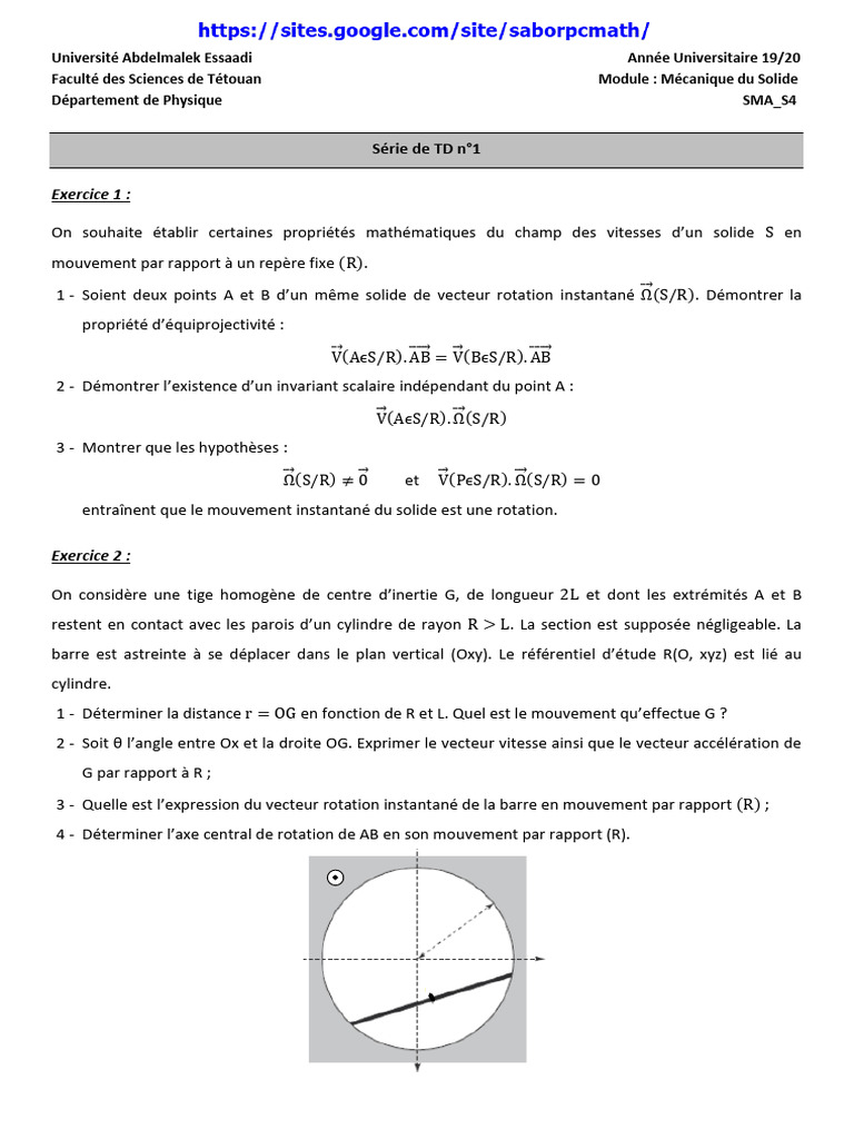 °tds Mecanique Solide Fs-Tetouan Sma4 2020 | PDF