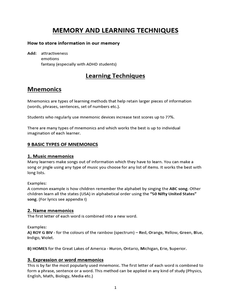 Memory and Learning Techniques | PDF | Mnemonic