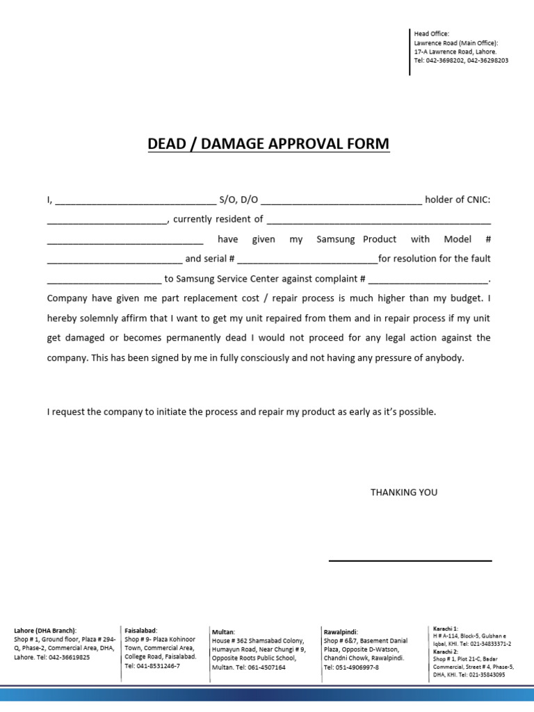 Dead - Damage Approval Form | PDF