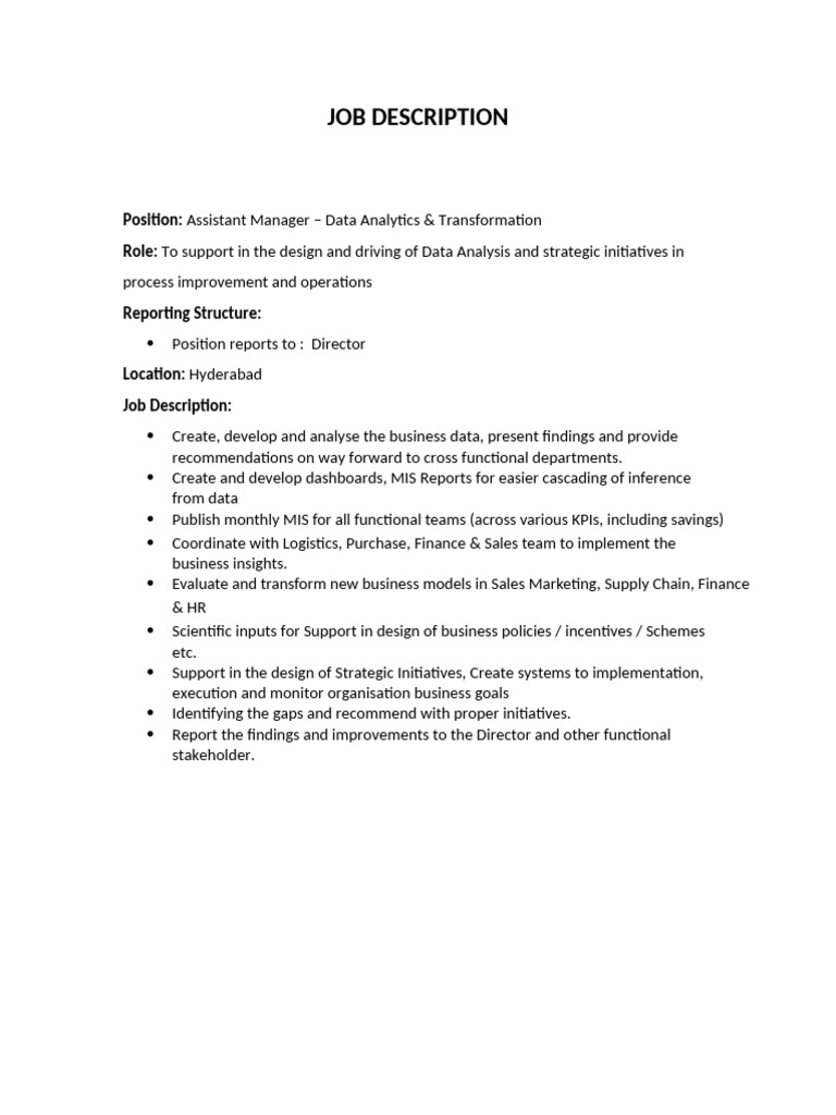 JD - Data Analytics & Transformation | PDF