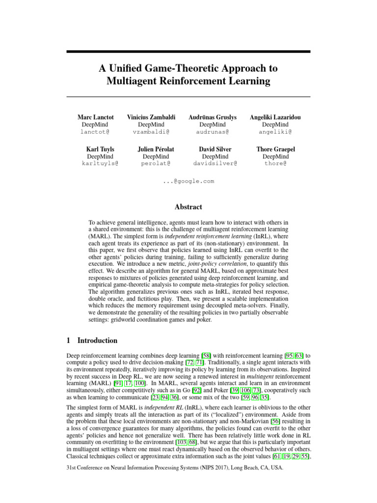 A Unified Game-Theoretic Approach To Multiagent Reinforcement Learning | PDF