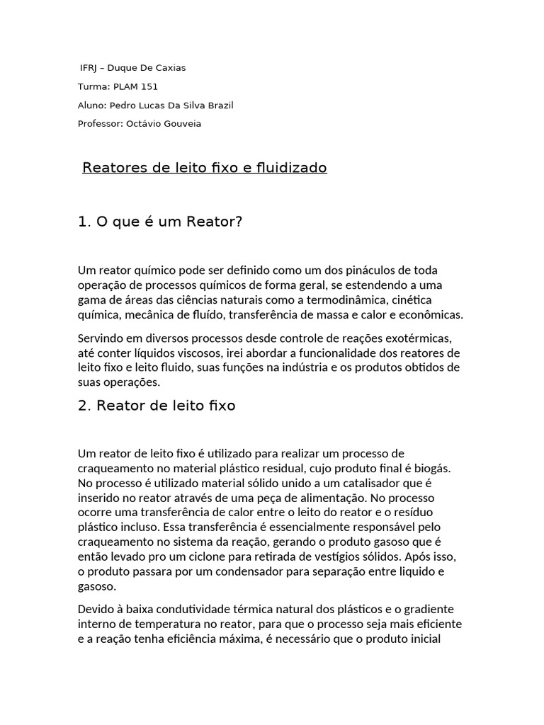 Reatores de Leito Fixo e Fluidizado | PDF