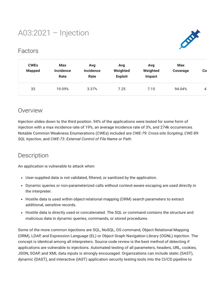 A03 Injection - OWASP Top 10-2021 | PDF