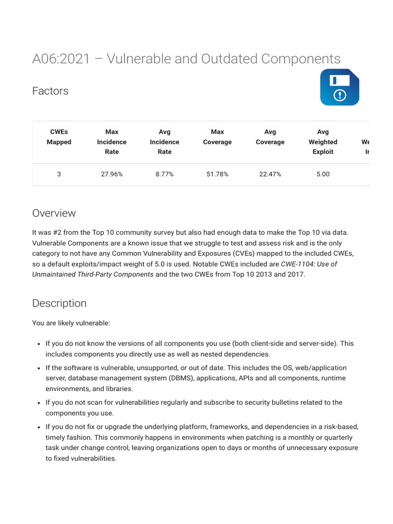 A06 Vulnerable and Outdated Components - OWASP Top 10-2021 | PDF