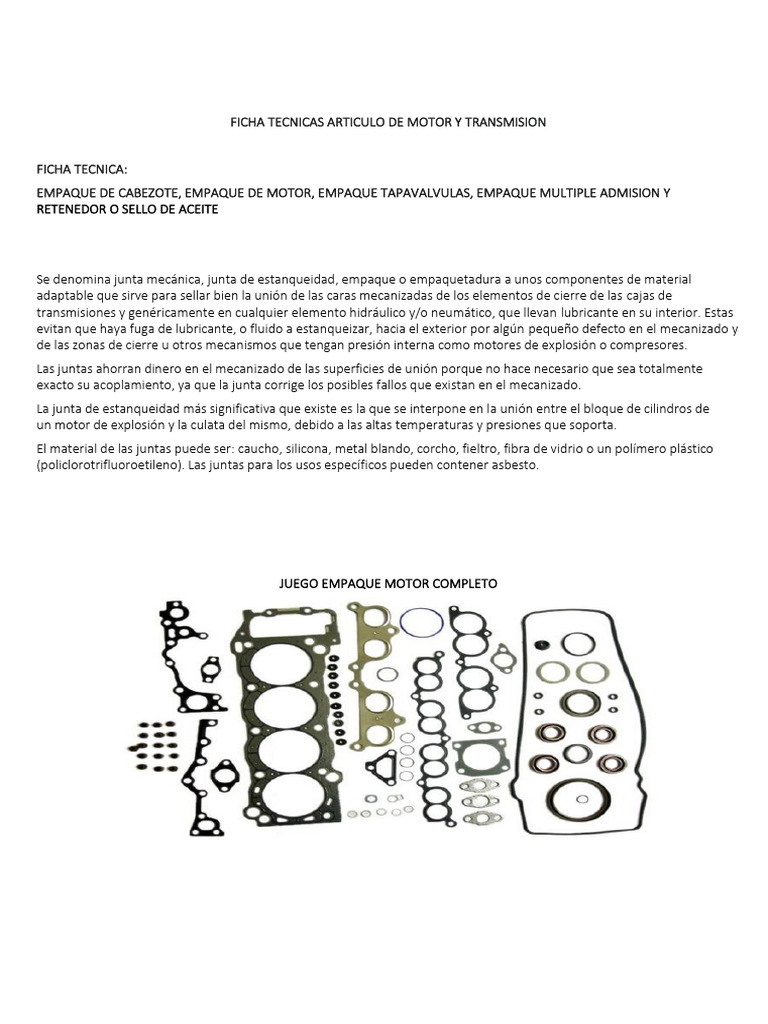 Tipos de empaques para motor y transmisión | PDF | Ingeniería mecánica ...
