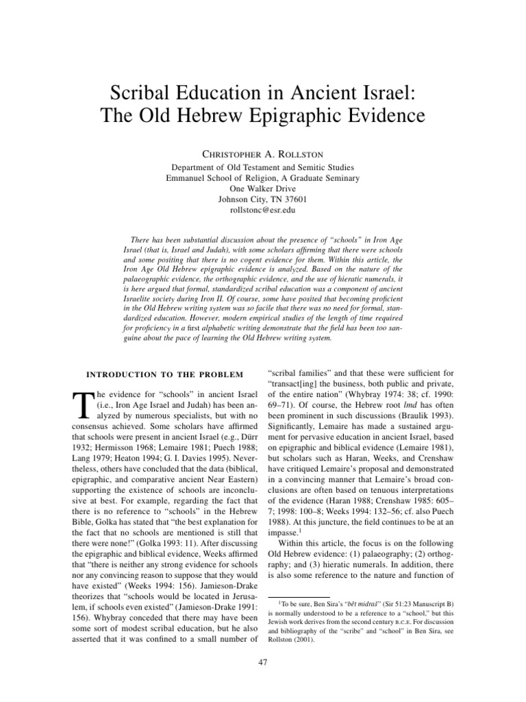 Scribal Education in Ancient Israel The Old Hebrew Epigraphic Evidence ...