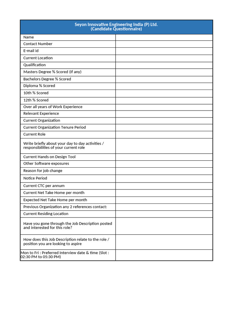 Candidate Questionnaire | PDF