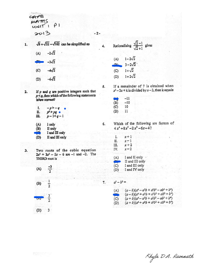 Pure Maths 2013 U1 P1-Answers | PDF
