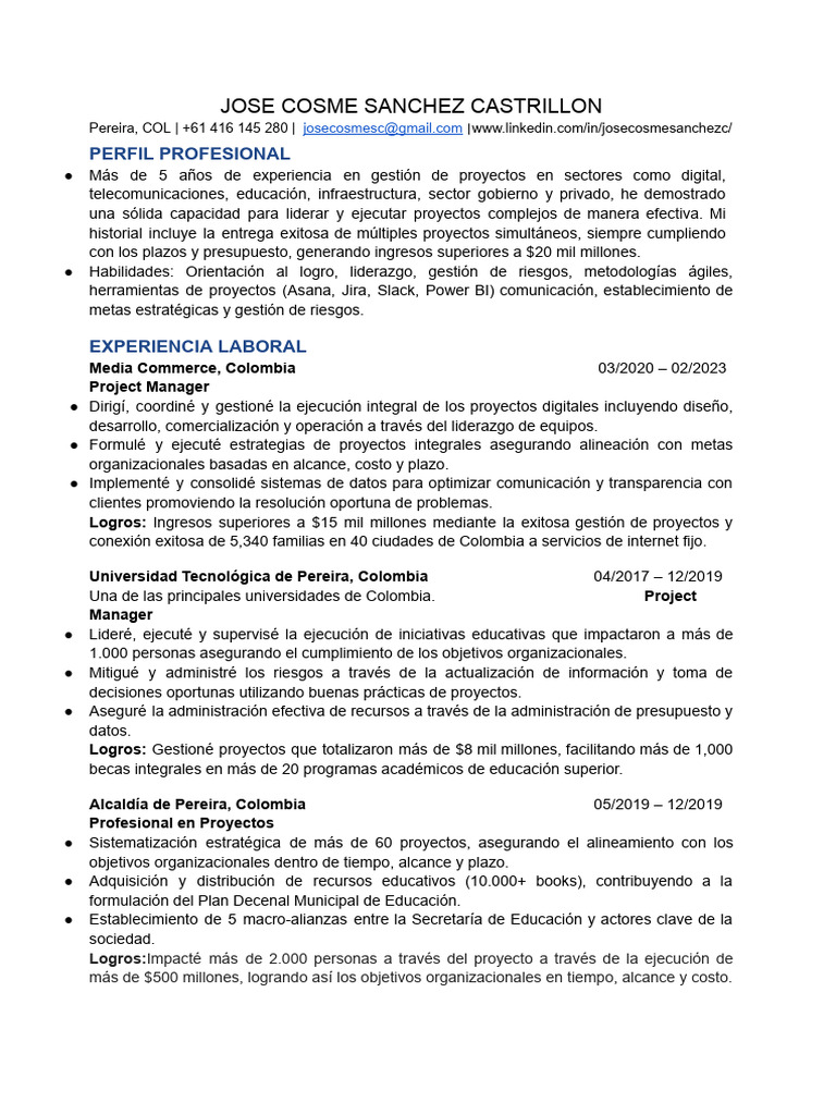 CV Jose Sanchez PM - Spanish | PDF